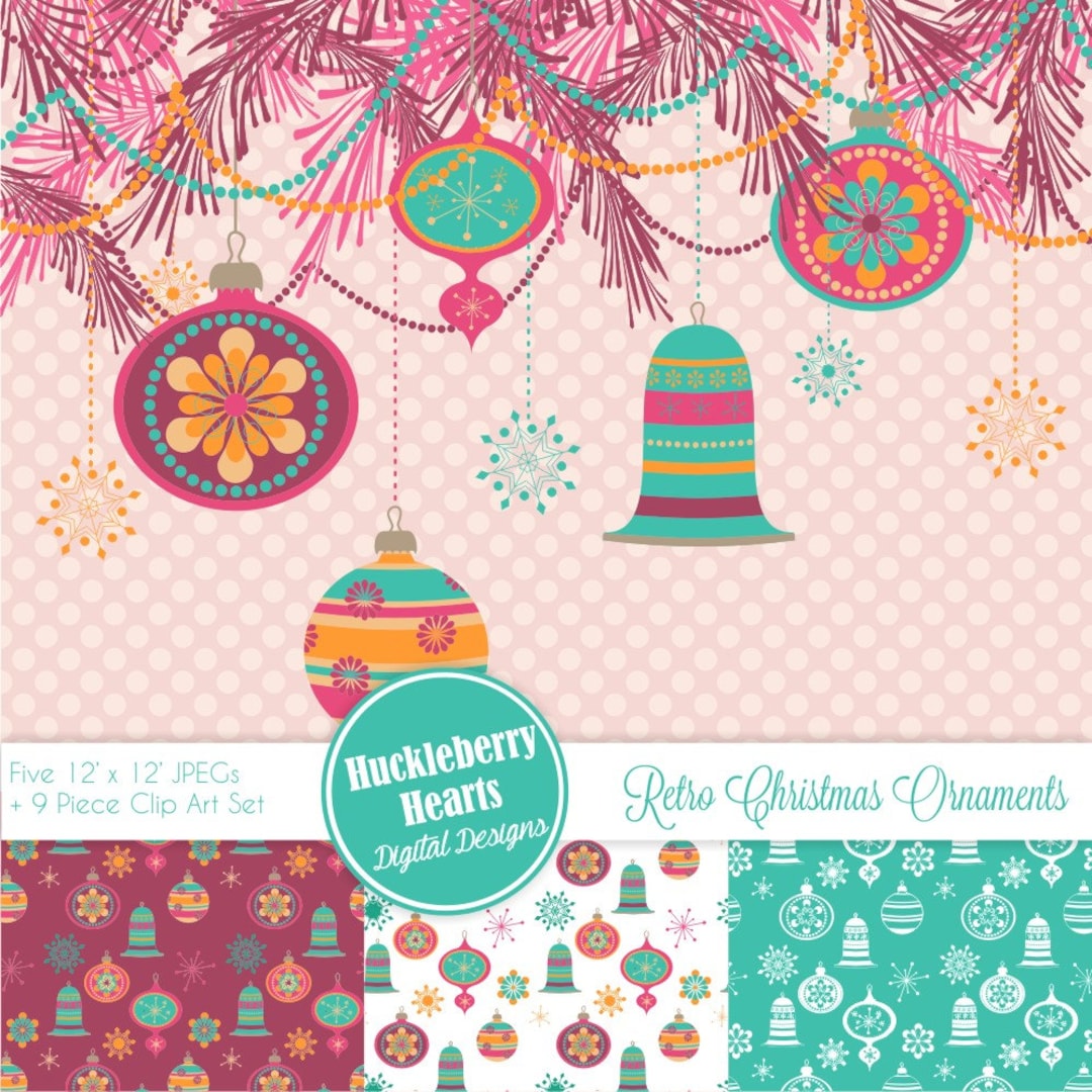 Retro Style Christmas Ornaments Digital Paper, Clip Art, Backgrounds ...