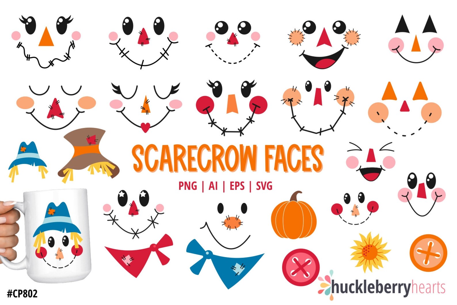 Scarecrow Faces Clipart, Fall SVG Bundle, Thanksgiving PNG, Cute Scare ...