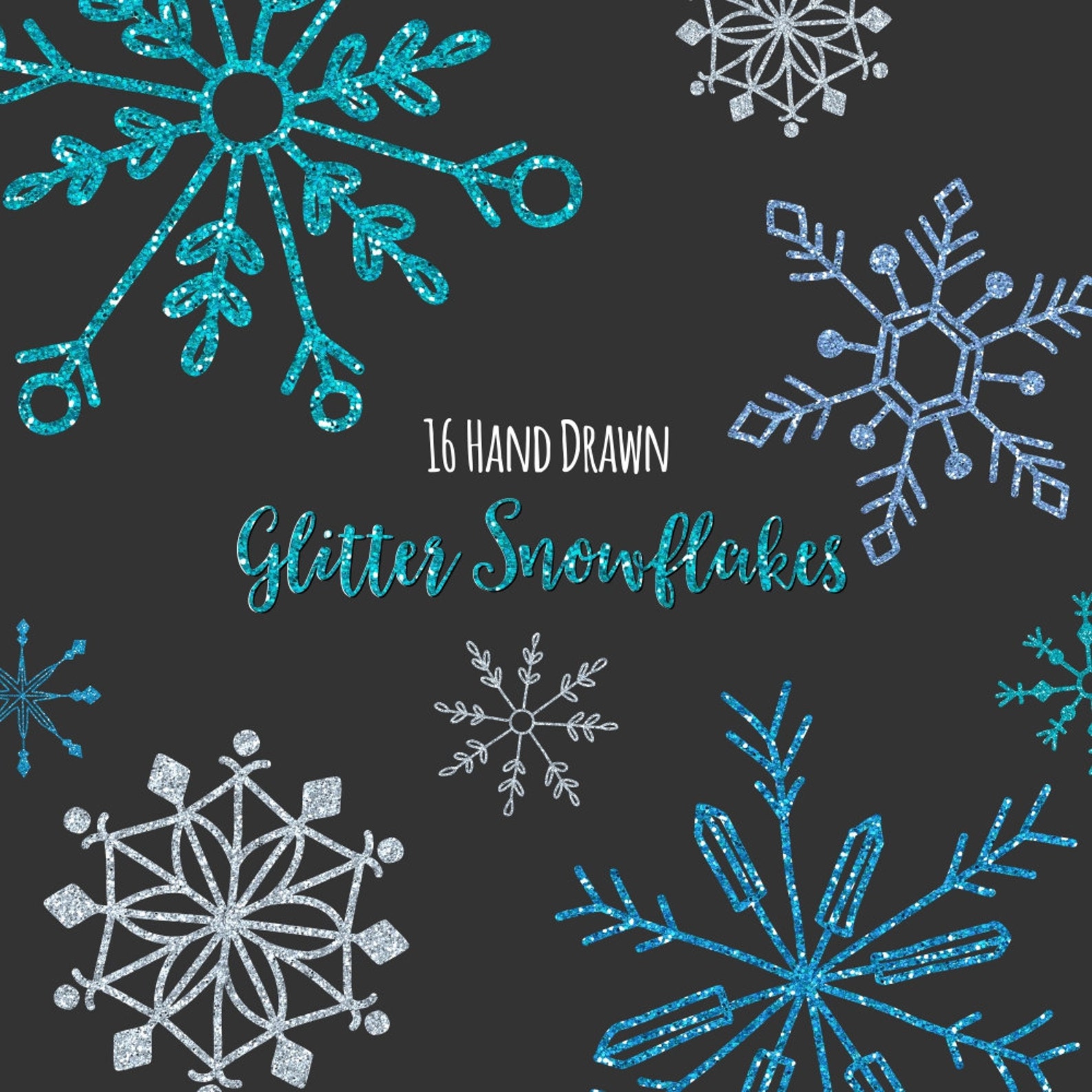 Snowflake Clipart Digital Snowflakes Glitter Hand Drawn | Etsy