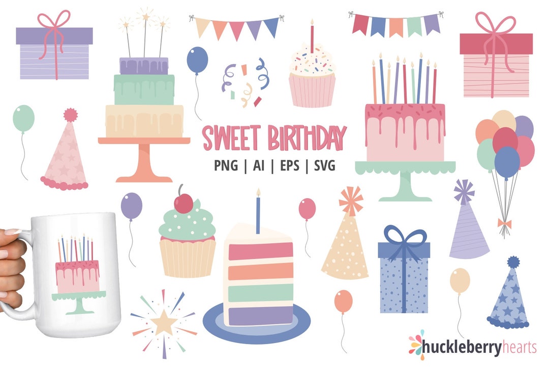 Cute Party Clipart, Happy Birthday SVG, Birthday Clipart Set, Cake ...