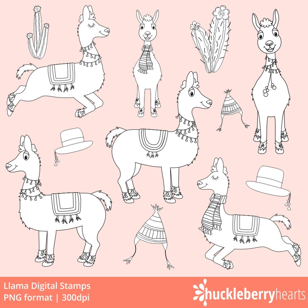 Llama Digital Stamps, Llama Black and White, Llamas, Alpaca, Digital ...