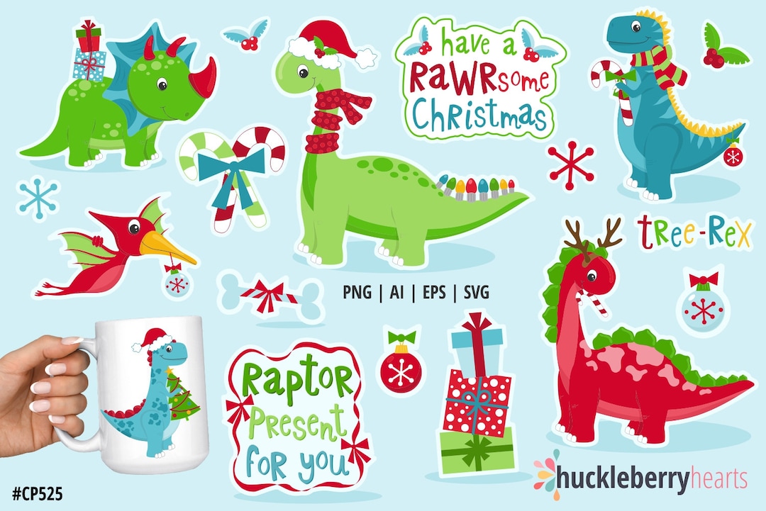 Christmas Dinosaurs Clipart, Cute Dinosaur Clipart, Christmas Dinosaur ...