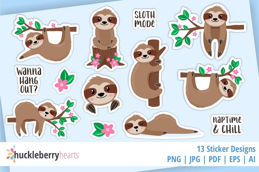 Sloth Printable Stickers, Sloth Sticker Sheet, Sloth Sticker Bundle ...