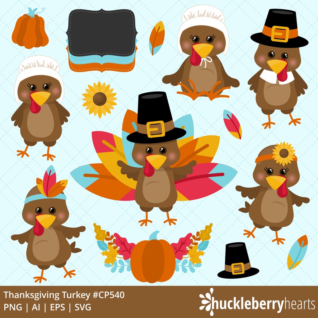Thanksgiving Turkey Clipart, Fall SVG Bundle, Cute Pilgrim PNG ...