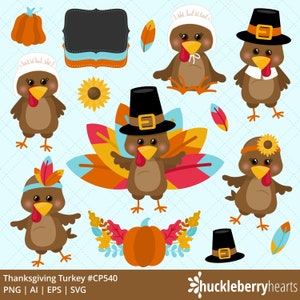 Thanksgiving Turkey Clipart, Fall SVG Bundle, Cute Pilgrim PNG ...