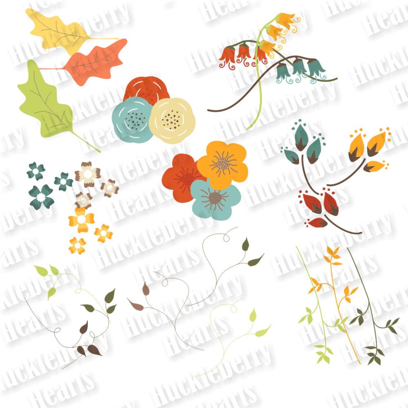Fall Flowers and Leaves Clip Art Autumn Clipart Vector | Etsy