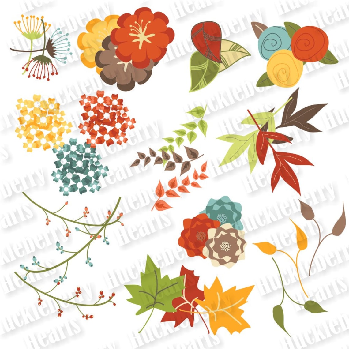 Fall Flowers and Leaves Clip Art Autumn Clipart Vector | Etsy