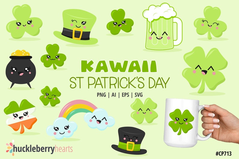 St Patricks Day Clipart, Shamrock SVG Bundle, Shamrock PNG, Cute Kawaii ...