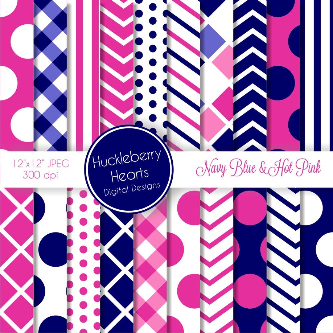 Navy Blue and Hot Pink Patterns Digital Scrapbook Paper, Digital ...
