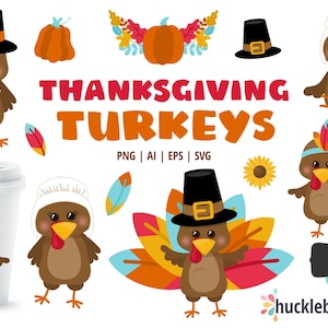 Thanksgiving Turkey Clipart, Fall SVG Bundle, Cute Pilgrim PNG ...
