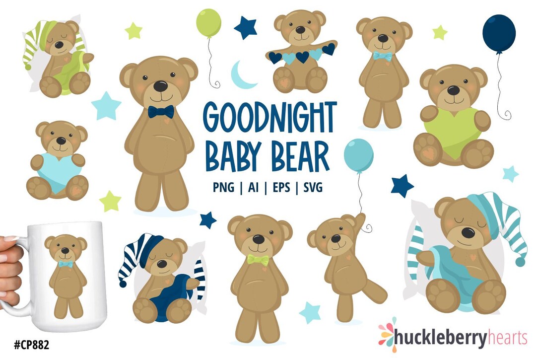 Teddy Bear Clipart, Cute Bear Clip Art, Baby Boy Bear Clipart Set, Baby ...