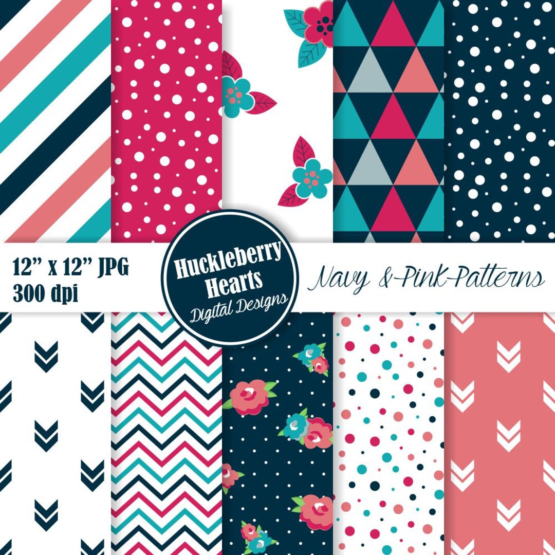 Floral Digital Paper, Triangle Patterns, Digital Confetti Paper, Navy ...