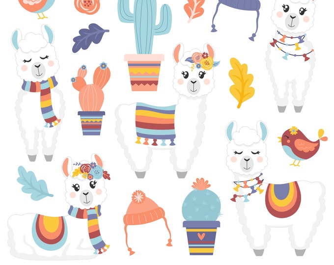 Llama Clipart Bundle, Alpaca Clip Art, Cactus Digital Stamp, Animals ...