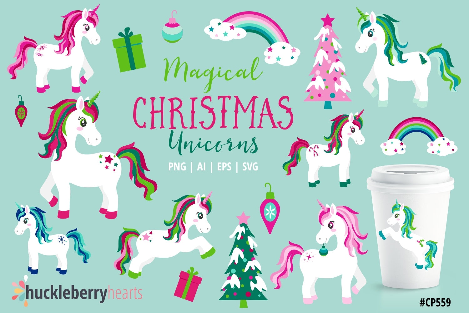 Christmas Unicorn Clipart, Magical Unicorn SVG Bundle, Cute Christmas ...