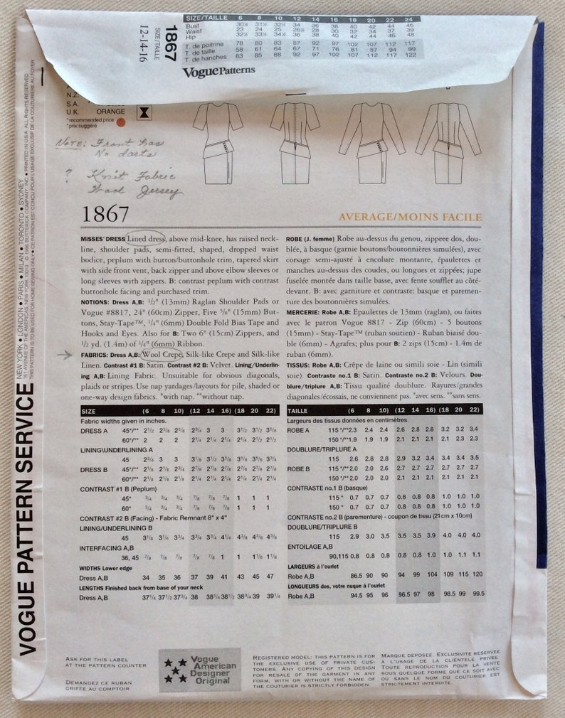 Vogue Pattern 1867 Carolina Herrera 90s Asymmetrical Peplum Drop Waist ...