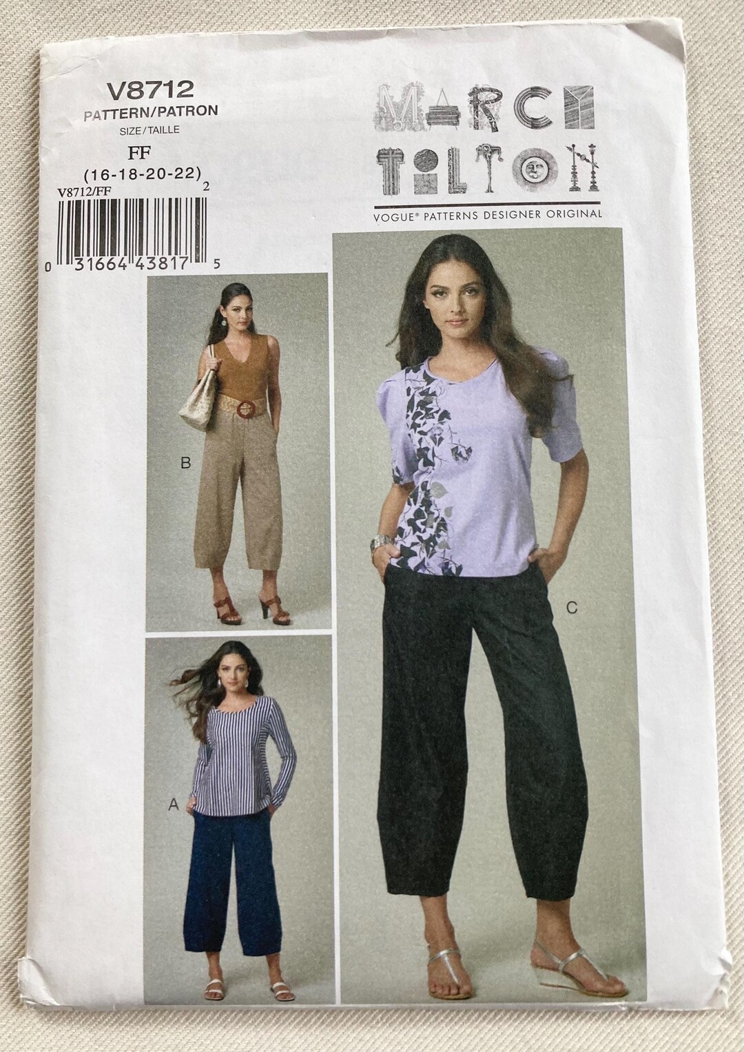 Vogue Pattern 8712 - Marcy Tilton Design - Loose Fit Lantern Crop Pants ...