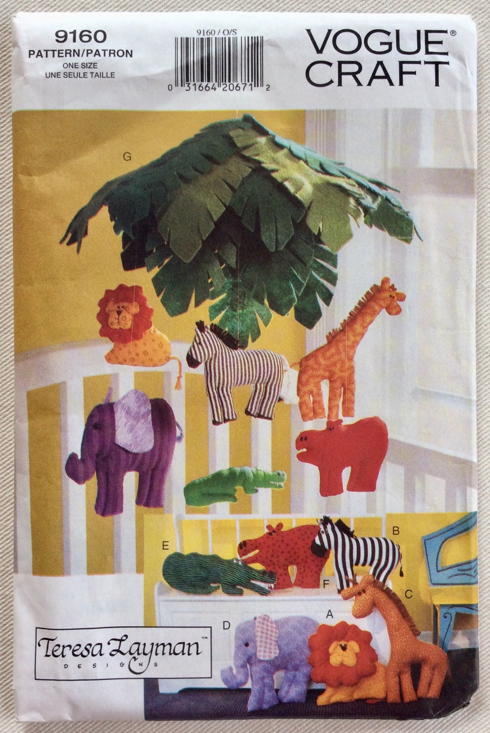 Vogue Craft Pattern 9160 Jungle Animal Nursery Pillows & Mobile lion ...