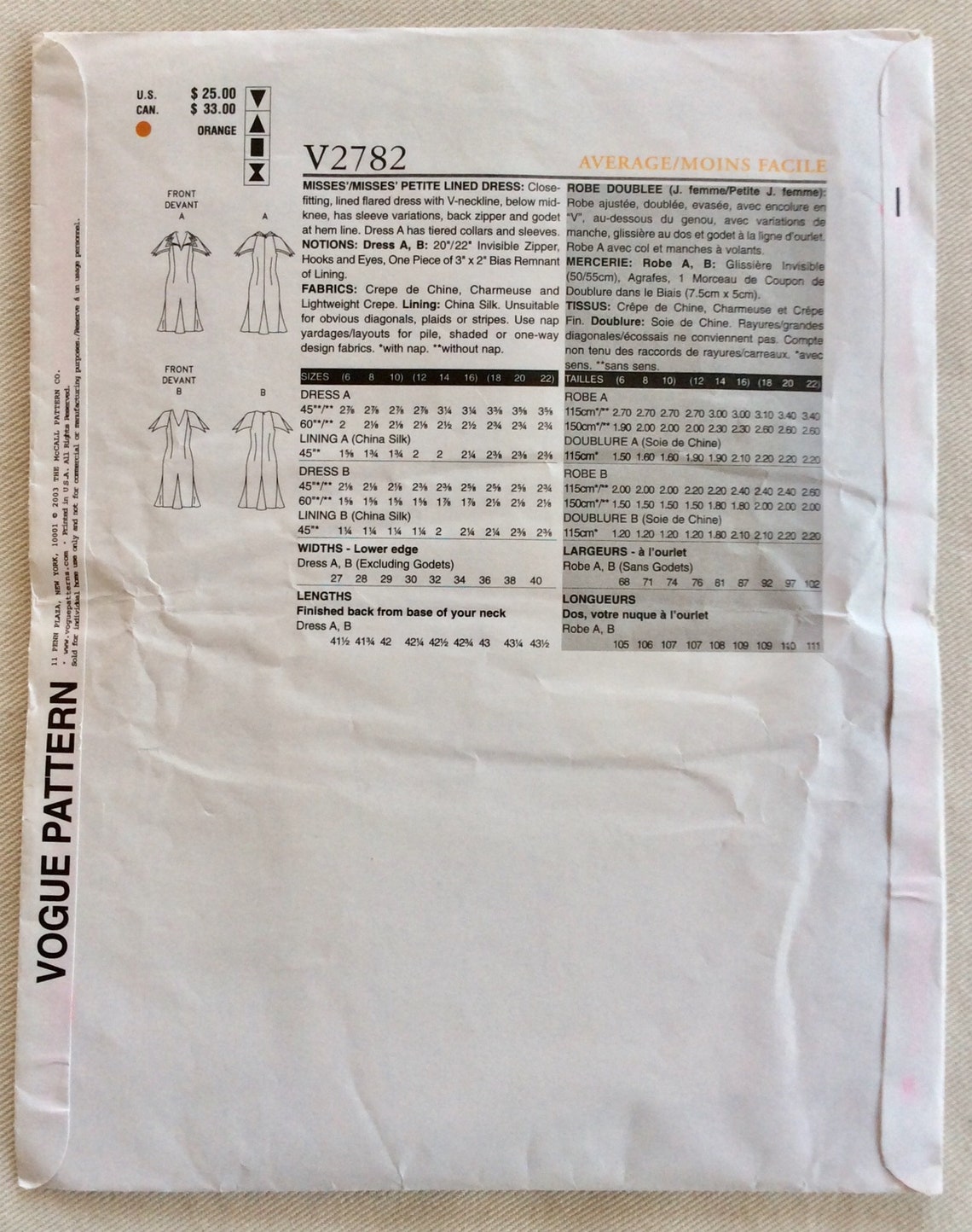 Vogue Couture Pattern 2782 Fit & Flare Lined Cocktail Dress V-neck Opt ...