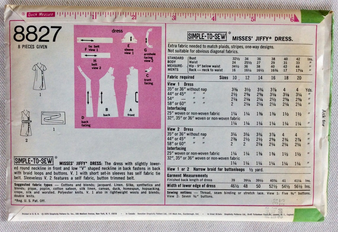 Simplicity Pattern 8827 Mod A-line Low V Back Wrap Dress | Etsy