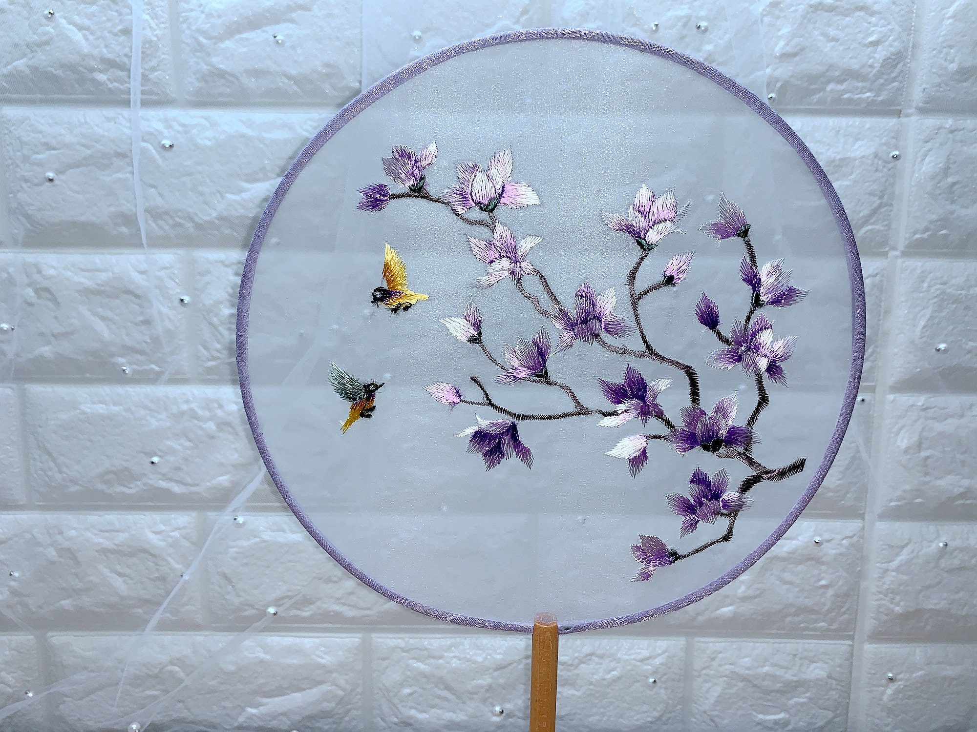 Classic Round Fan Wooden Handle Silk Cloth With Embroidered - Etsy