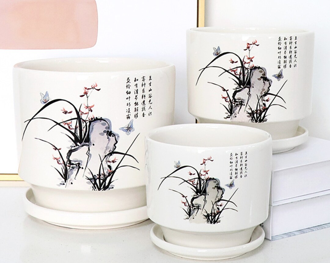 White Porcelain Flower Pot Ceramic With Tray Asian Style Outdoor Indoor ...