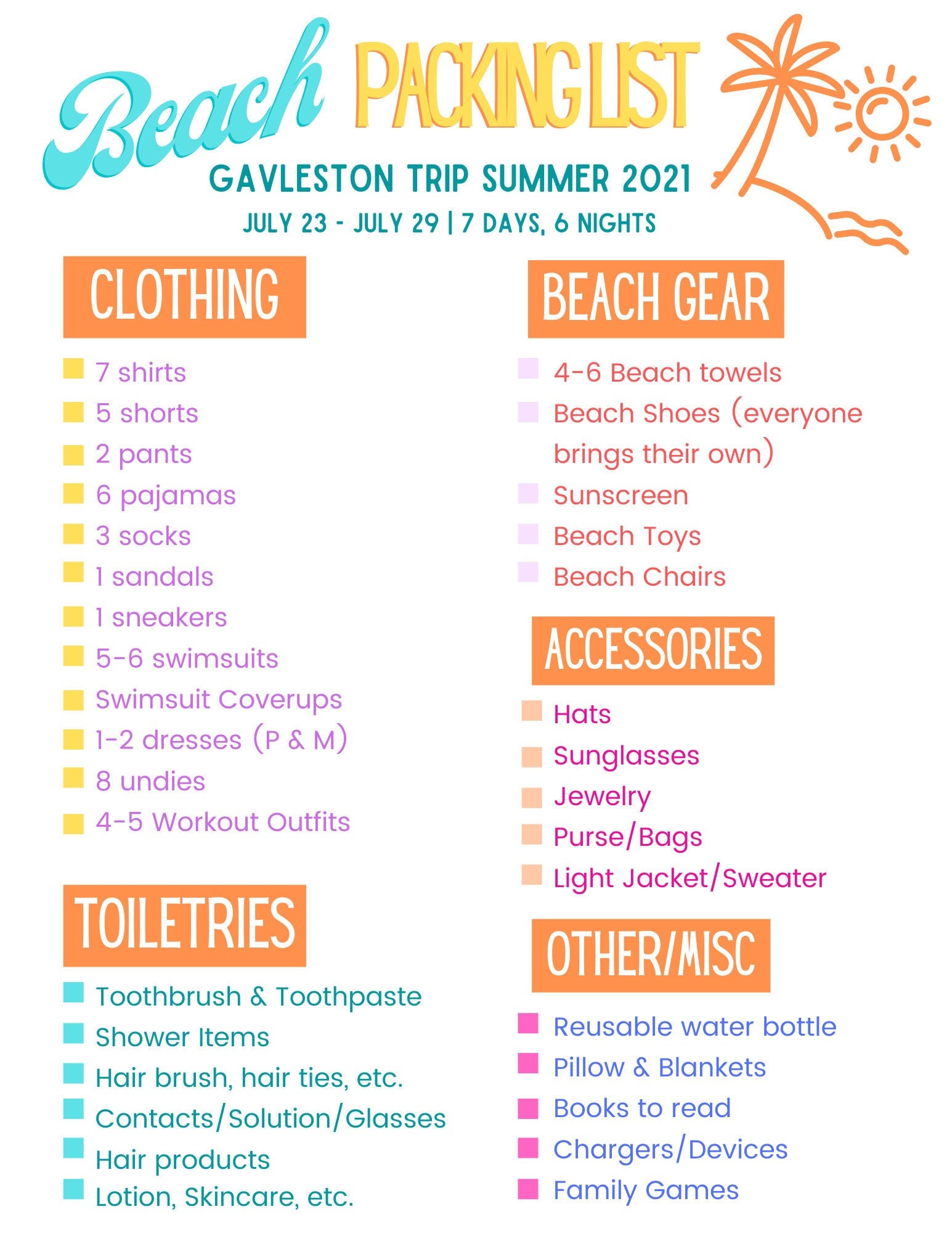 Beach Trip Packing List Etsy