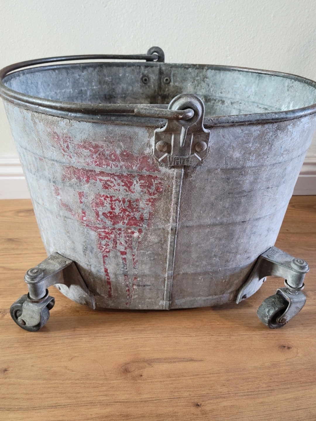 Vintage Galvanized Steel Mop Bucket on Caster Wheels Industrial ...