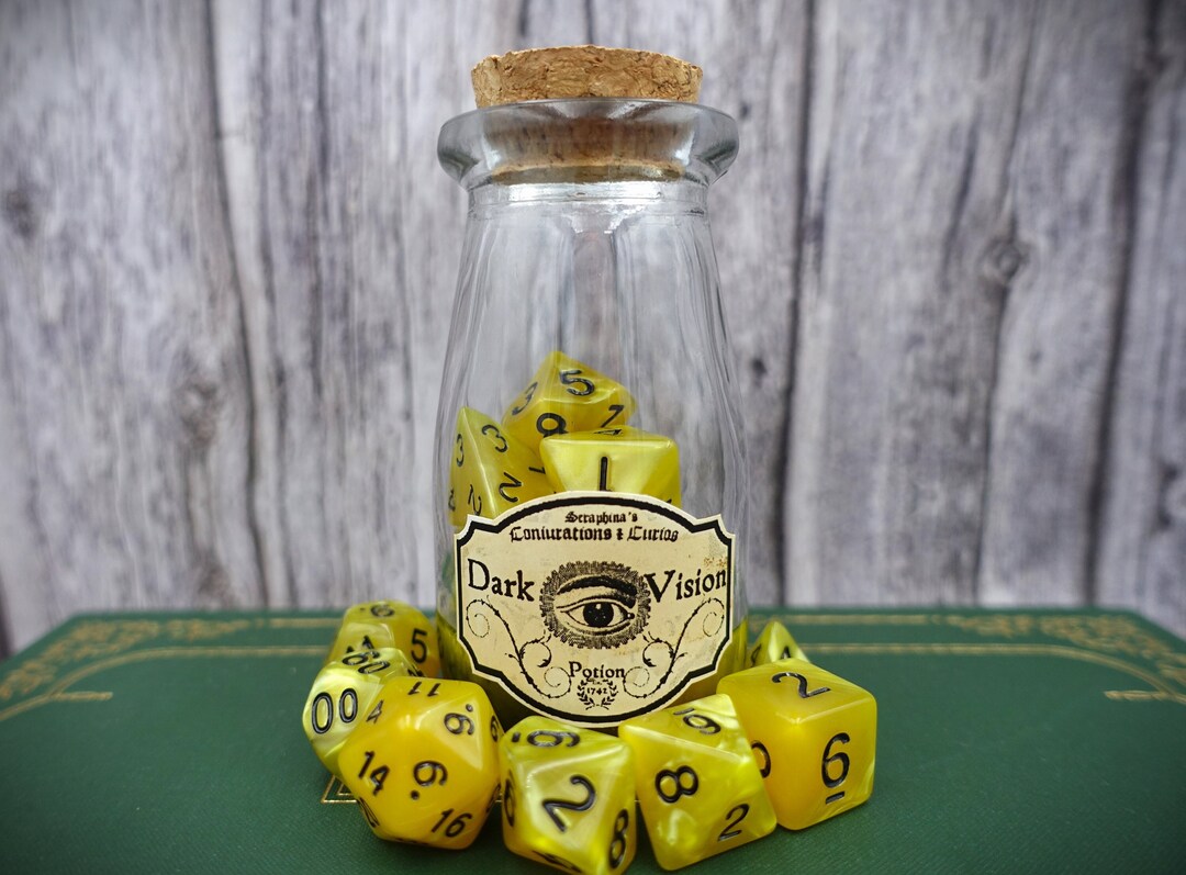 Dark Vision | Dnd Potion Bottle Dice Set | Yellow and Black Polyhedral ...