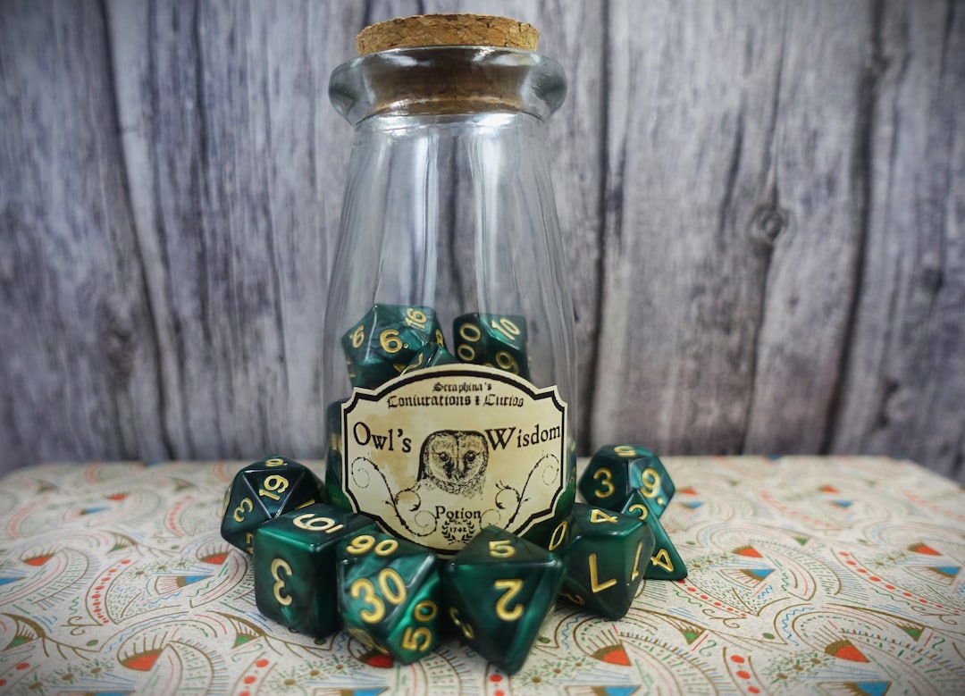 Owl's Wisdom | Dnd Potion Bottle Dice Set | Green Swirl Polyhedral Set ...