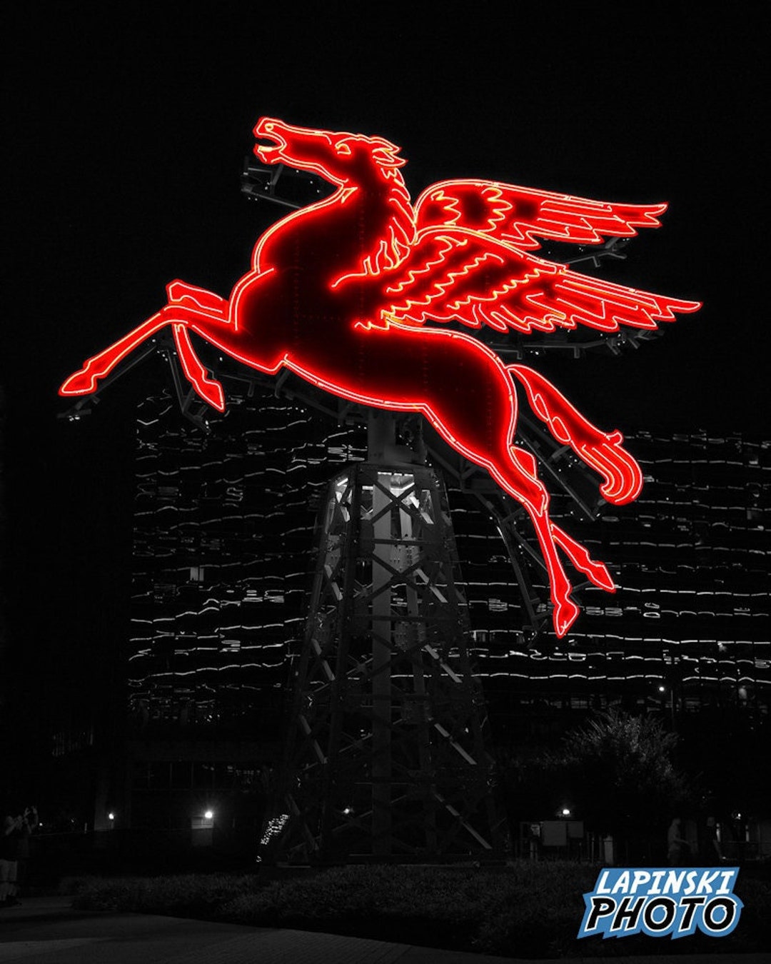 Downtown Dallas Night Photograph, Red Color Splash, Flying Red Horse ...