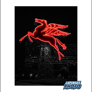 Downtown Dallas Night Photograph, Red Color Splash, Flying Red Horse ...