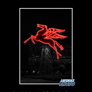 Downtown Dallas Night Photograph, Red Color Splash, Flying Red Horse ...