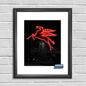 Downtown Dallas Night Photograph, Red Color Splash, Flying Red Horse ...