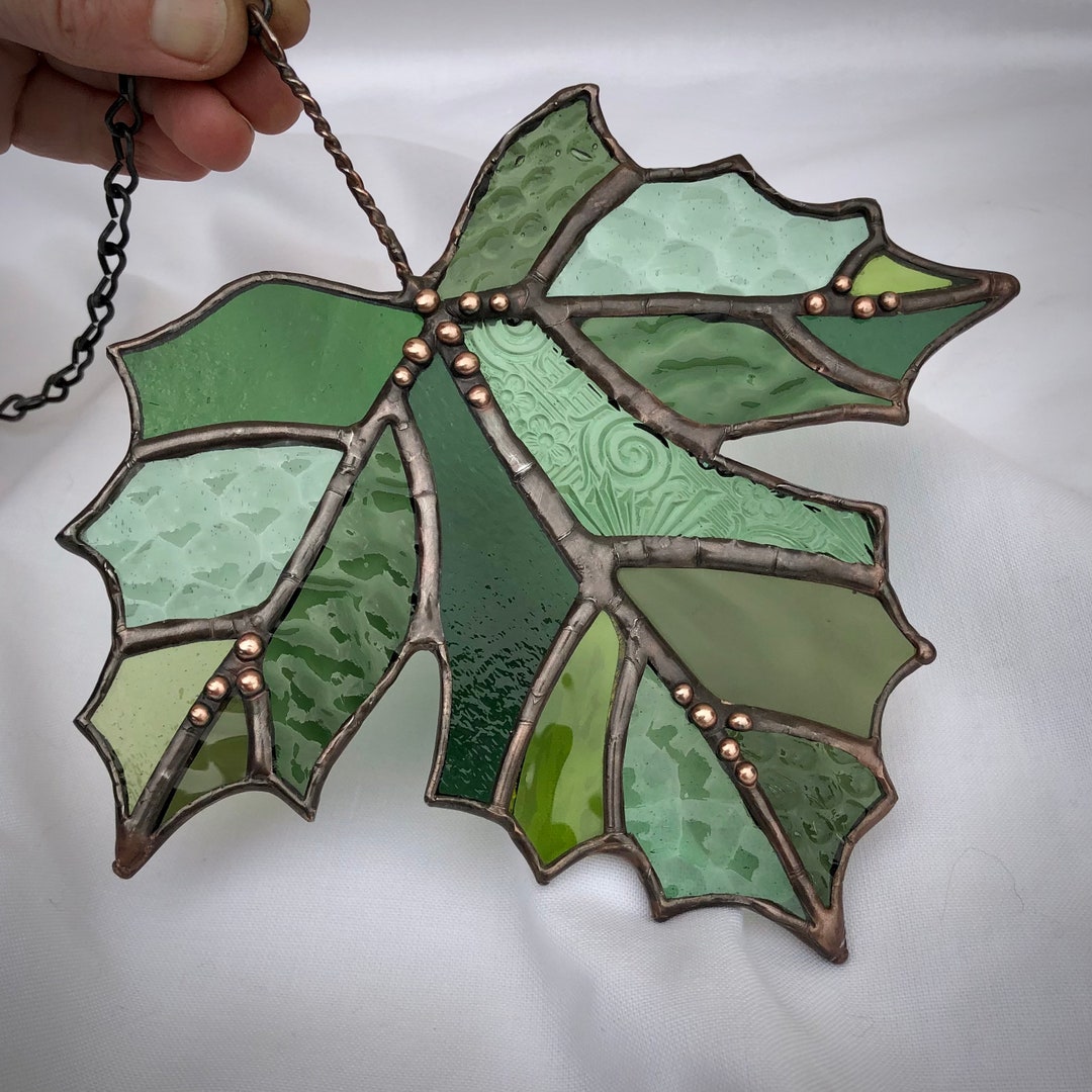 MAPLE LEAF Suncatcher: Green Stained Glass, Autumn Fall Leaves, Window ...