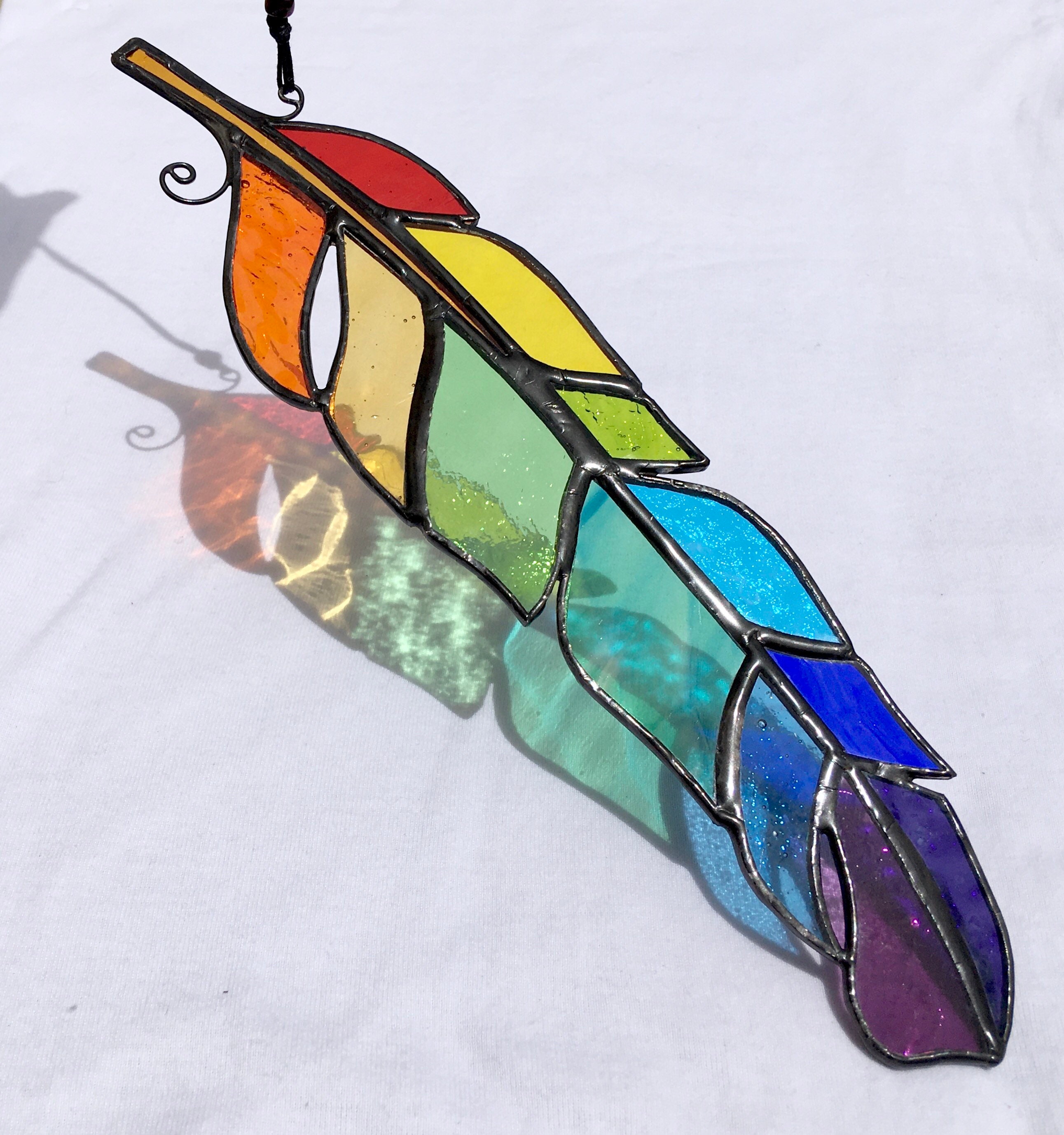 Glass Art Stained Glass Rainbow Feather Suncatcher Art & Collectibles ...