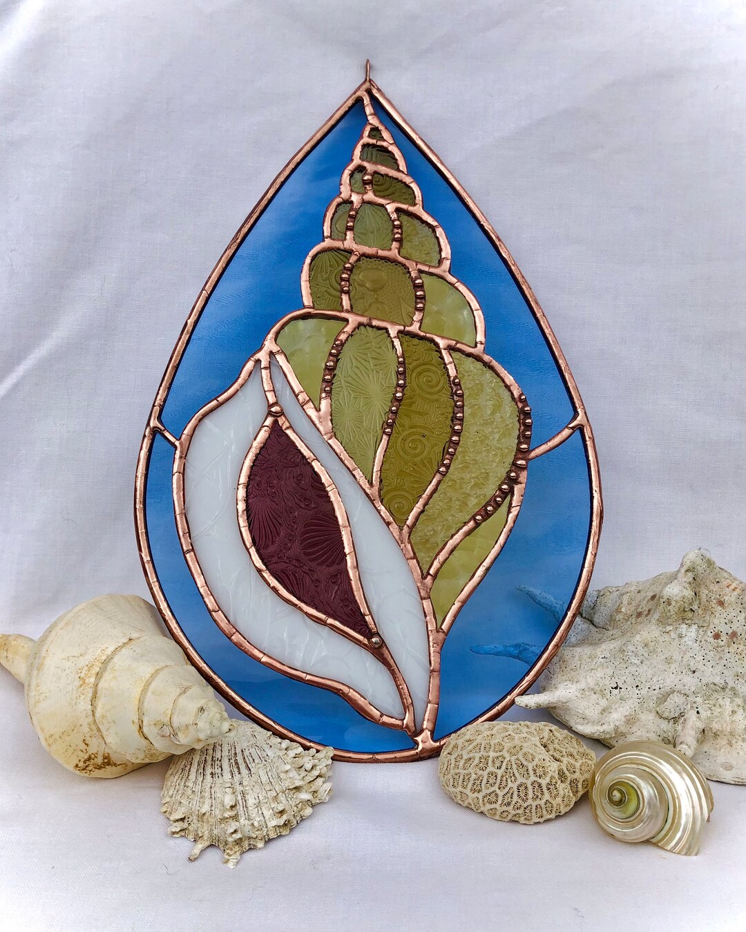 Stained Glass Seashell, Vintage Amber Glass, Suncatcher, Sea Glass Art ...
