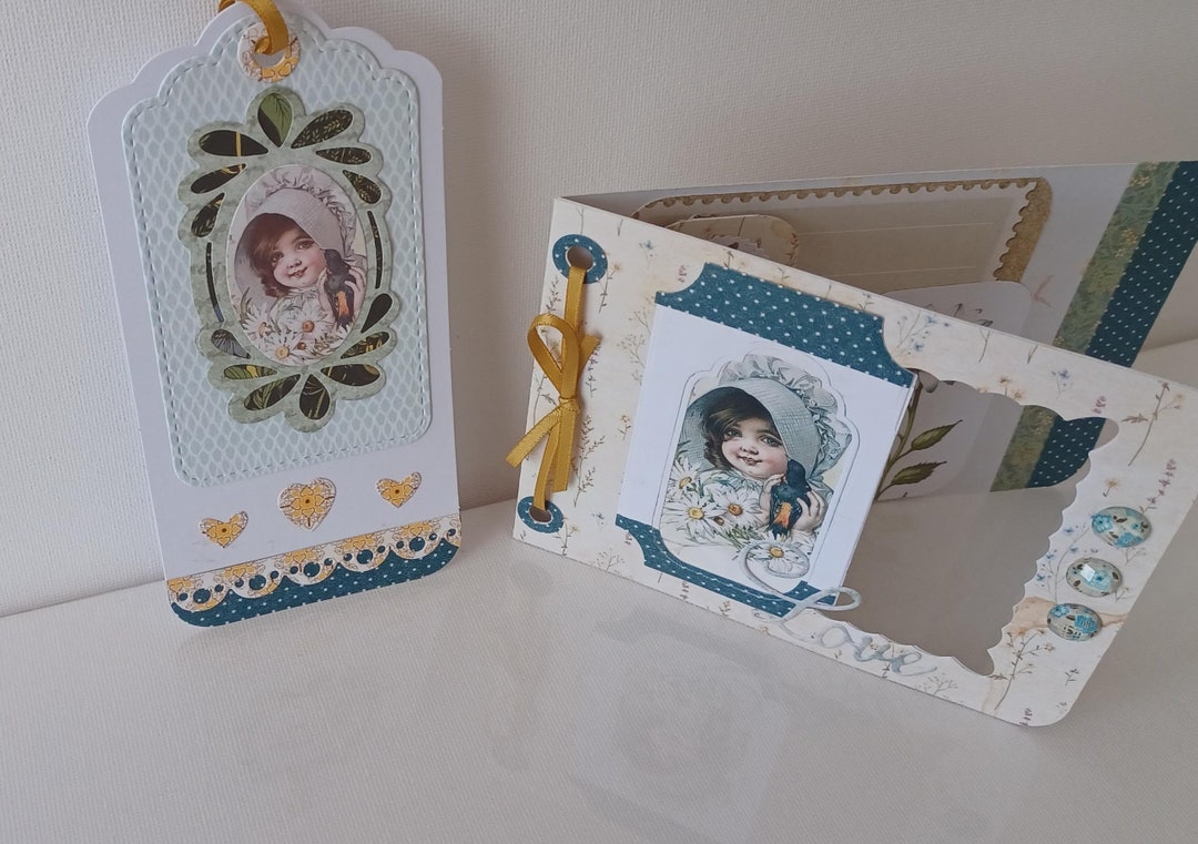 Double Card 10 X 10 and Its Matching Label Little Girl With Bird Green ...