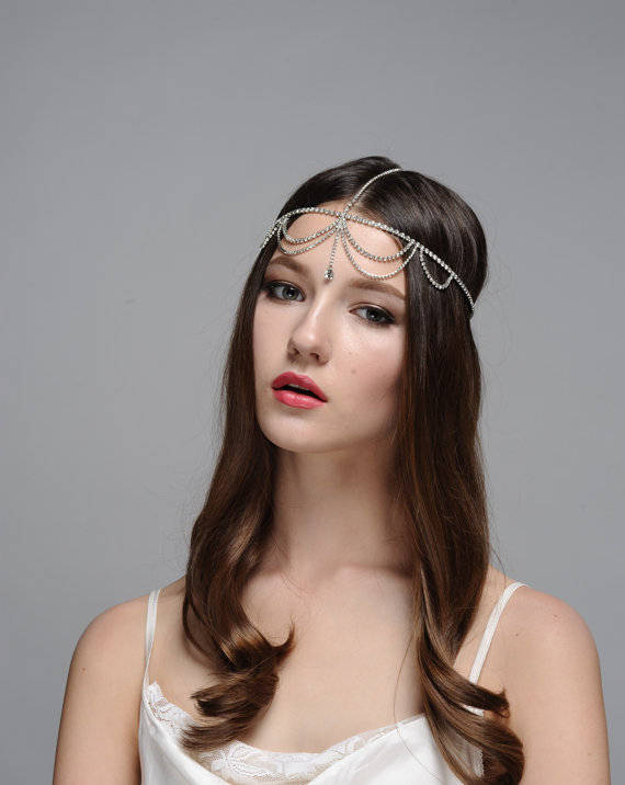 Bohemian Forehead Chain Rhinestone Headpiece Bridal Head Chain