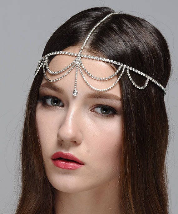 Bohemian Forehead Chain, Rhinestone Headpiece, Bridal Head Chain ...