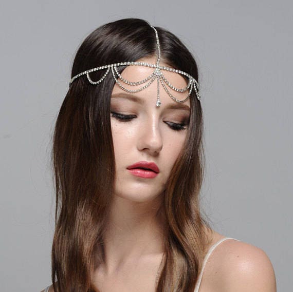 Bohemian Forehead Chain, Rhinestone Headpiece, Bridal Head Chain ...