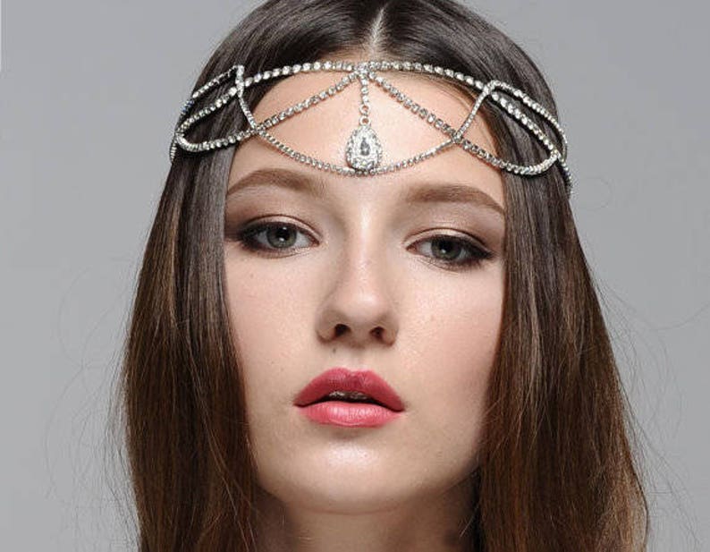 Bohemian Forehead Chain Rhinestone Headpiece Bridal Head Chain