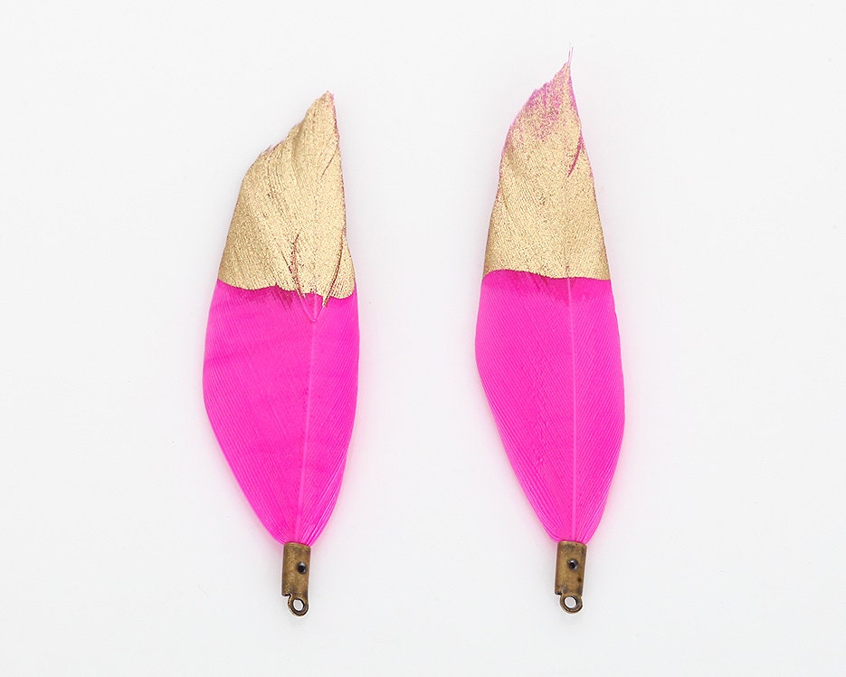 Neon Pink Duck Feather with Gold Dipped 50mm 2 Pieces | Etsy