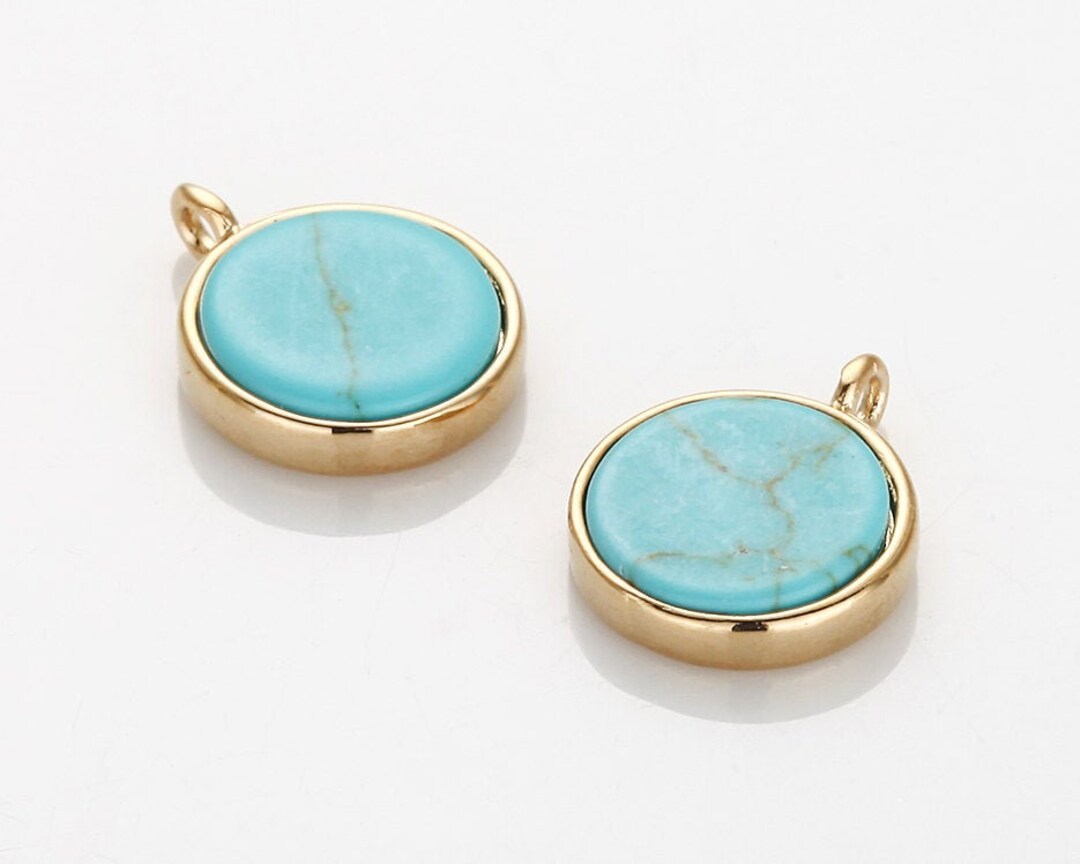 2PCS 10mm Turquoise Flat Round Pendant, Turquoise Flat Round Charm, 14K ...