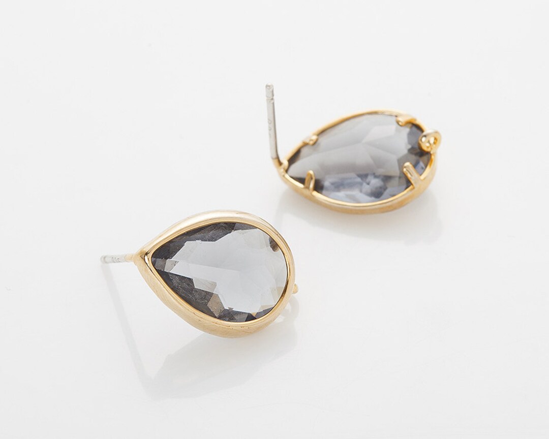 2PCS Charcoal Glass Teardrop Post Earring Polished Gold Plated G0039E ...