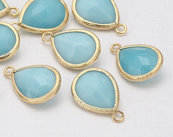 1PC Sky Blue Glass Pendants Polished Gold Plated For Jewelry Making G0019 PGSB