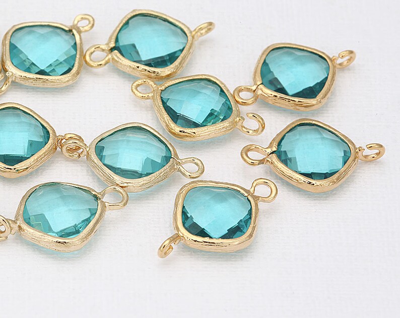 Blue Zircon Square Glass Connector Pendant Polished Gold | Etsy