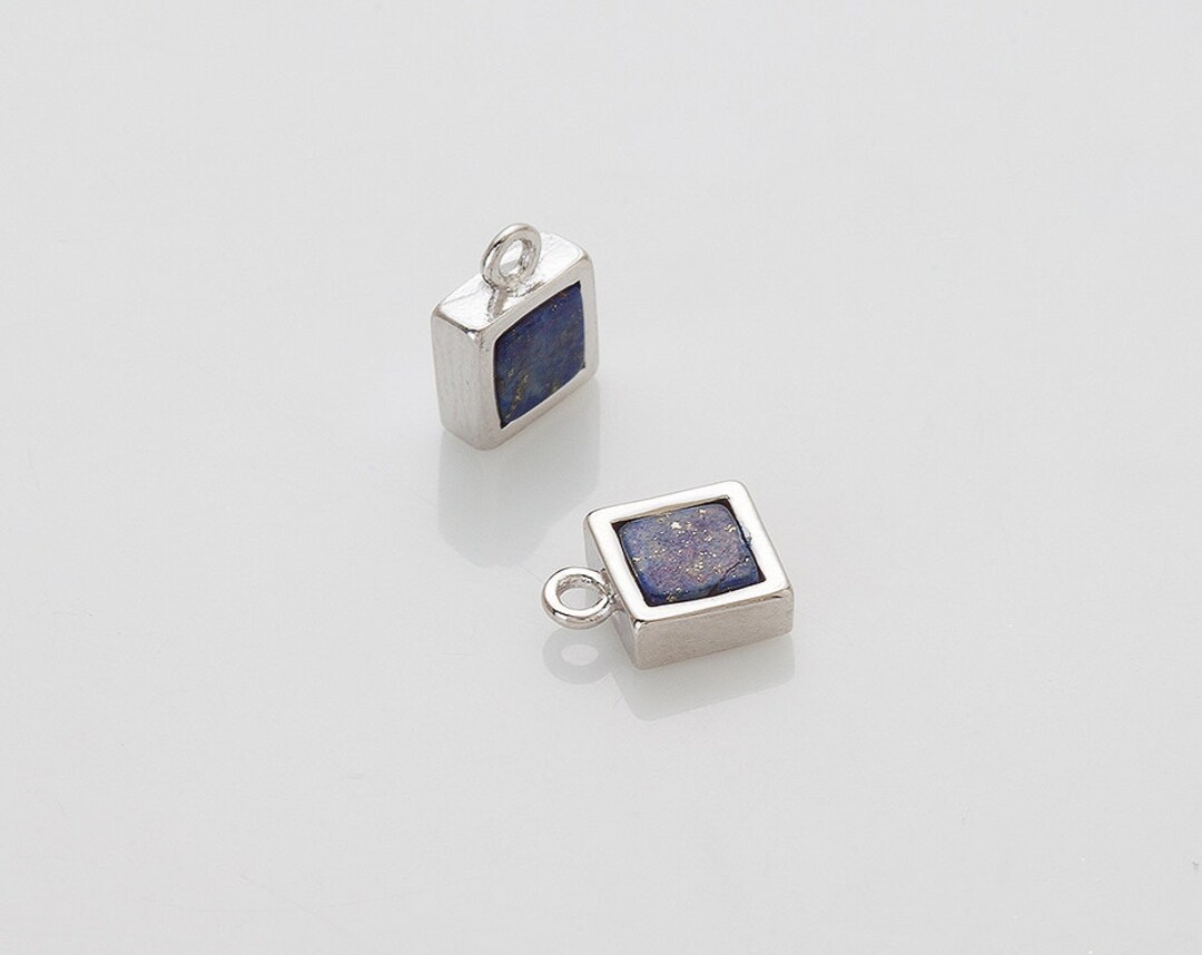 2PCS Lapis Gemstone Square Pendant, Lapis Square Charm Polished Rhodium ...
