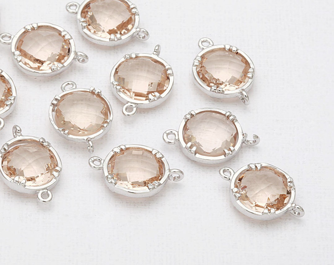 2PCS Peach Round Glass Connector medium Polished Rhodium-plated ss0015 ...