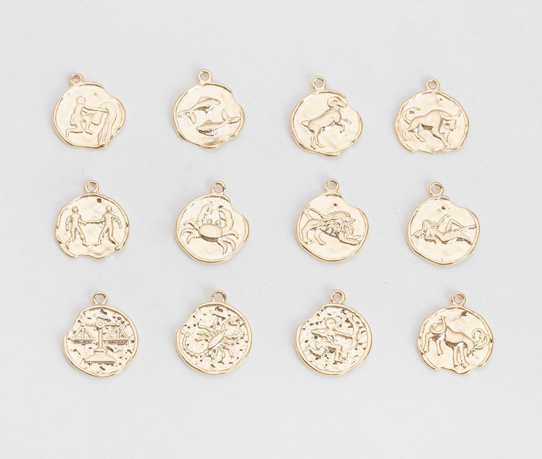 2PCS - Zodiac Hammered Coin Charm Pendants, Constellation Charms ...