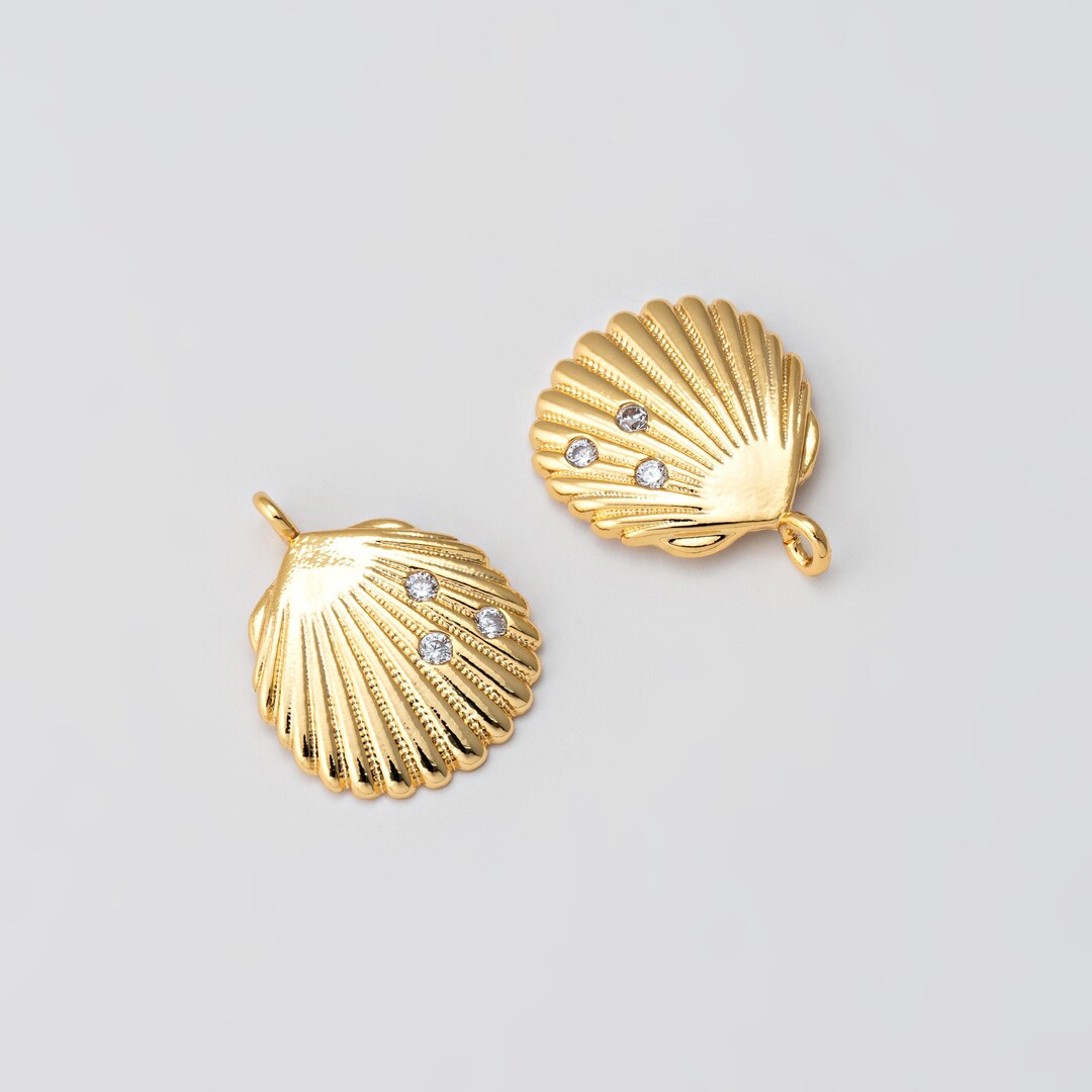 4PCS Gold Shell Round Zircon Dangle Charm, Sea Shell Tiny Pendants ...